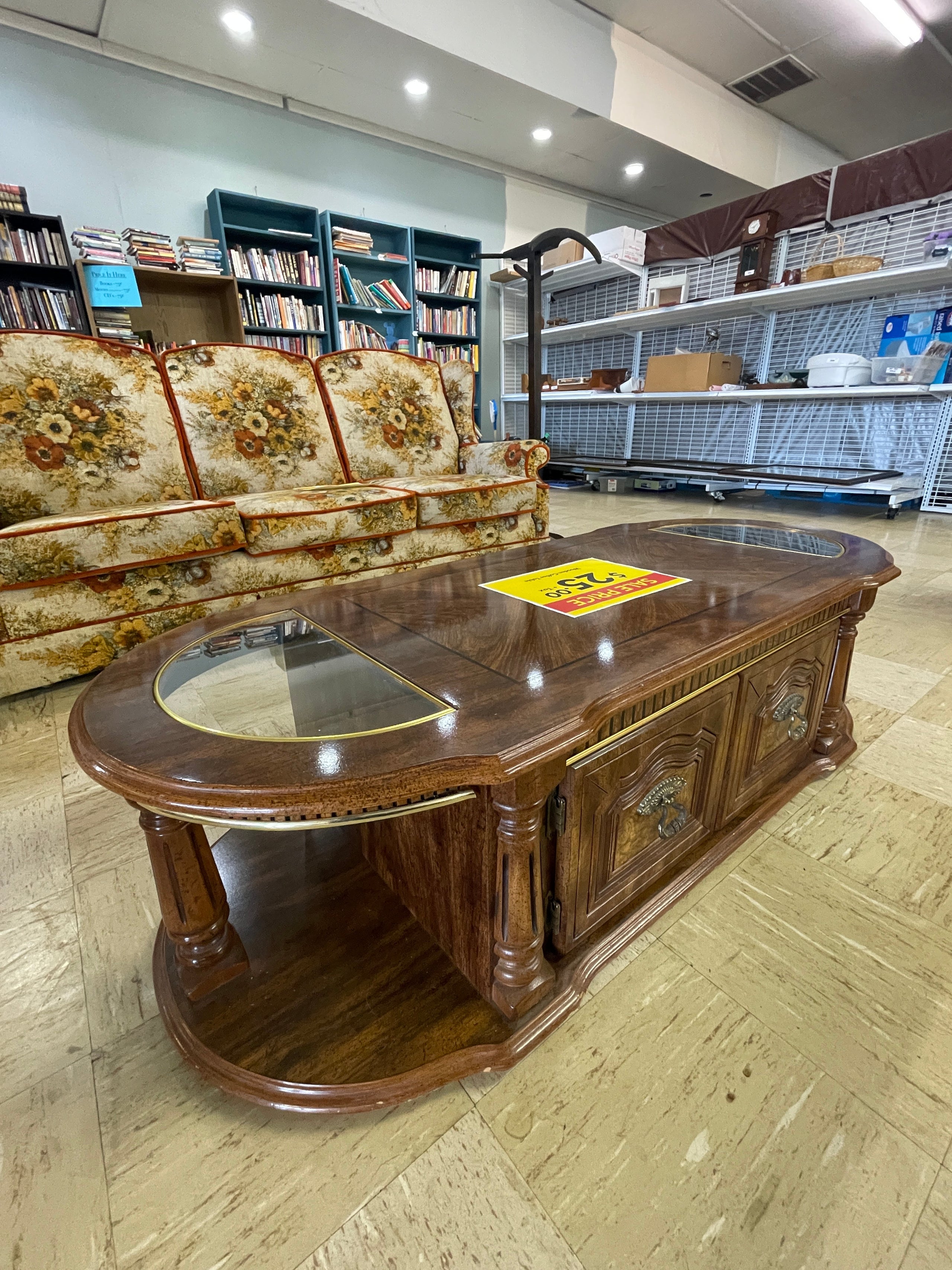 Wooden Coffee Table with Gold Lining | Outreach Center & Food Pantry